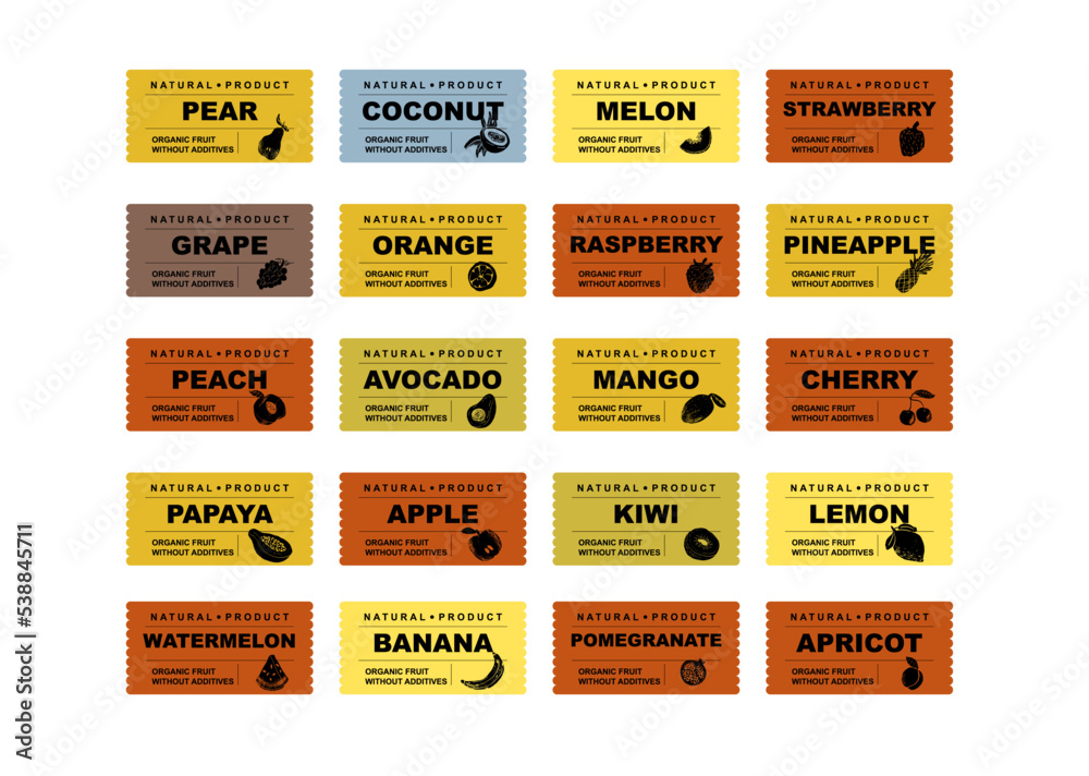 Fruits and berries abstract stickers and labels. Different color ...