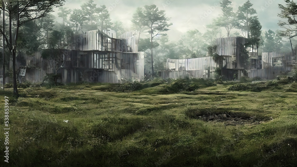 Architecture of the future, a ruined city overgrown with greenery ...