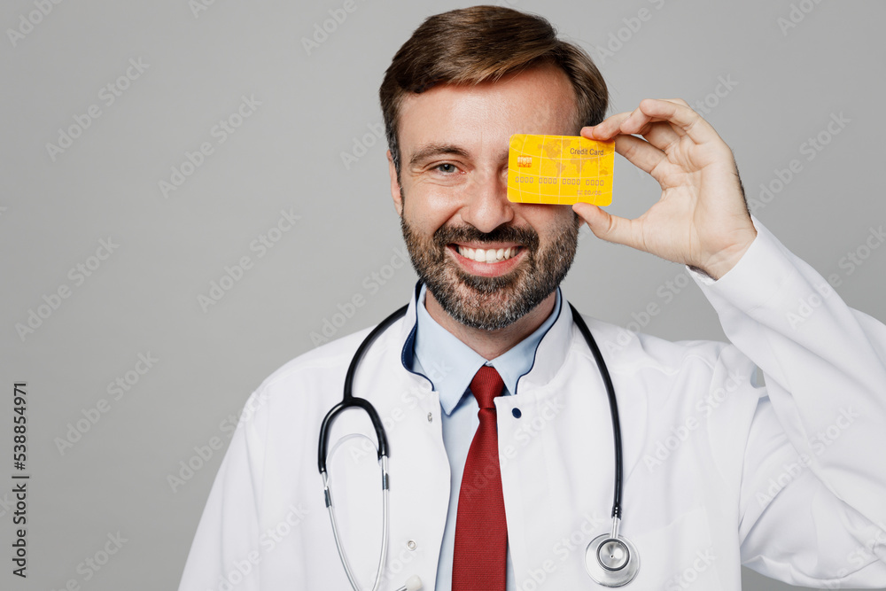 Male doctor fun man wears white medical gown suit stethoscope work in ...