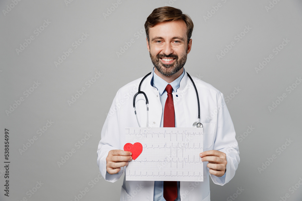 Male doctor man wearing white medical gown suit work in hospital hold ...