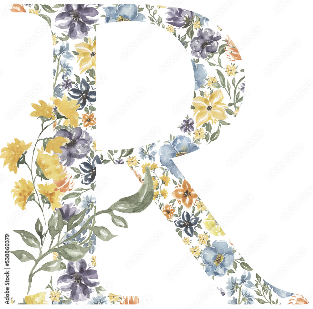 Wildflowers R letter clipart, Blossom Alphabet Design. Watercolor ...