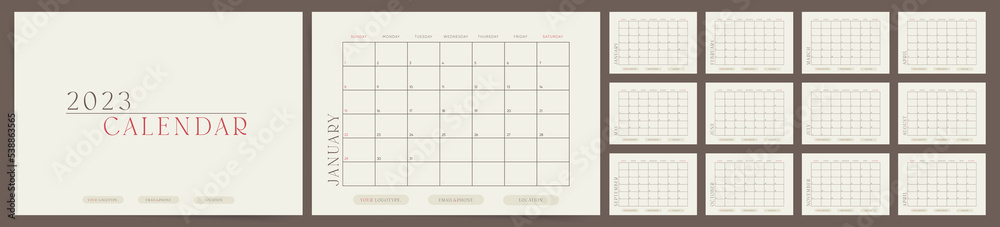 Monthly boho calendar template for 2023 year. Week starts on Sunday ...