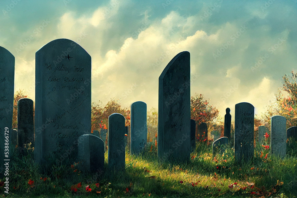 Old cemeteries with memorial tombstones. Tombstones in cemetery at dusk ...