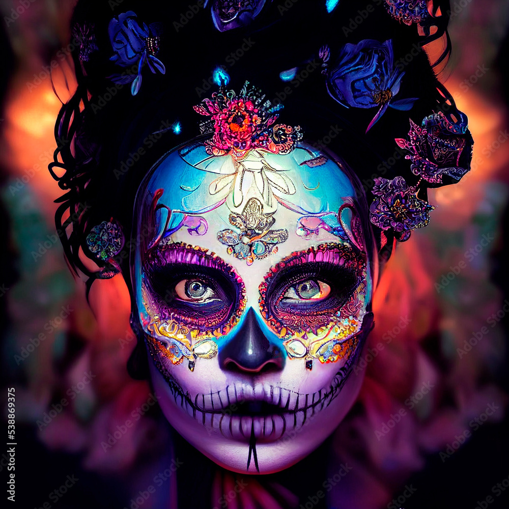 Sugar skull girl with colorful flowers. Dia de los muertos. Day of The ...