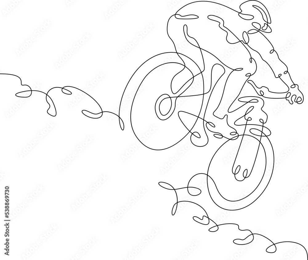 One continuous line. The cyclist descends the mountain. Mountain bike ...
