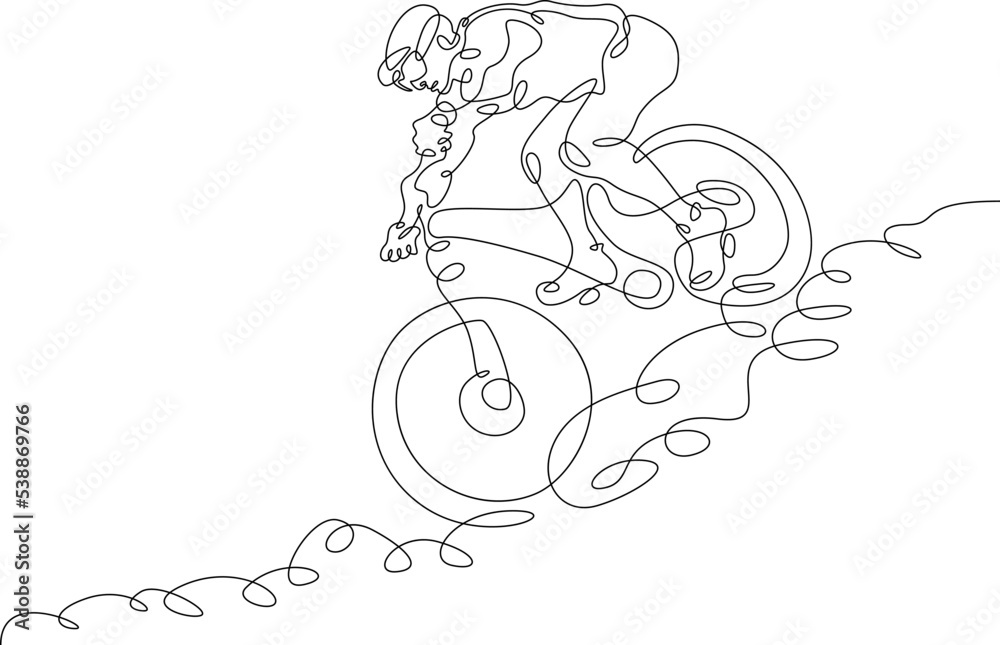 One continuous line. The cyclist descends the mountain. Mountain bike ...
