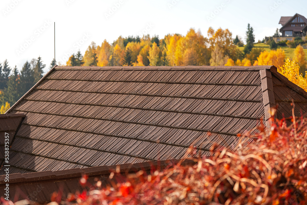 Shingle roof. Detail view with a traditional wooden roof on a ...