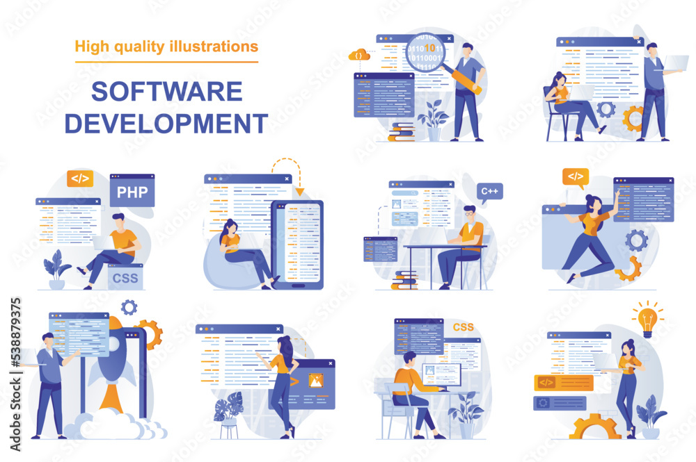 Vetor de Software development web concept with people scenes set in ...