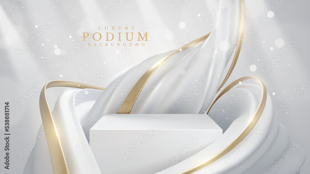 Product display podium with white liquid element with golden curve ...