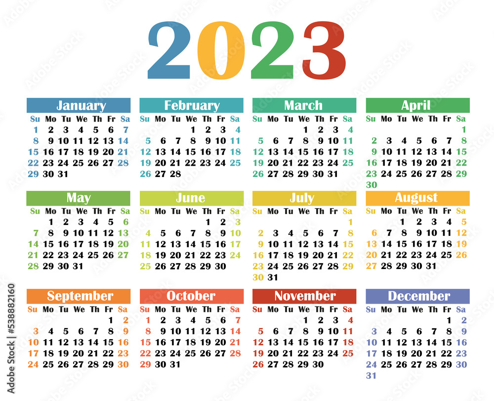 Vetor de Calendar 2023 in English. The week starts on Sunday. Colorful ...