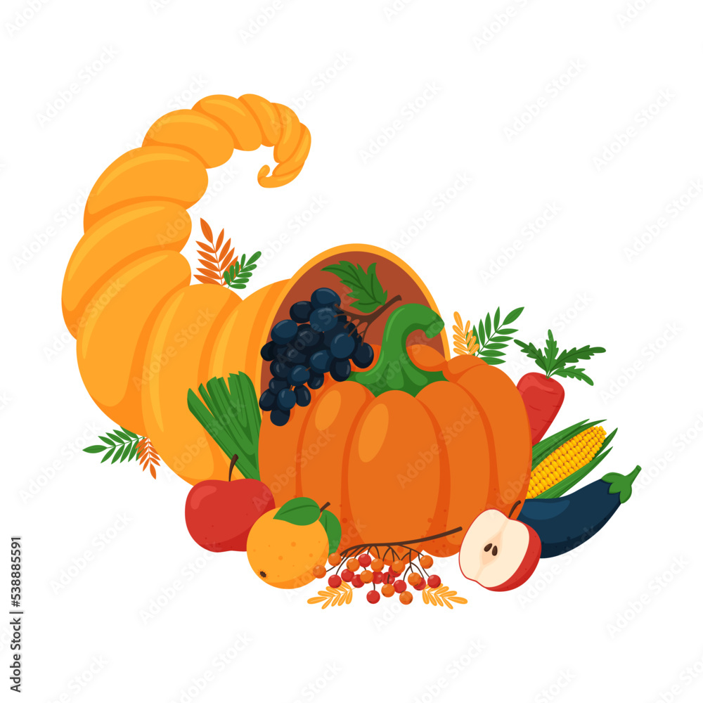 Cornucopia. Horn of plenty with fruits, vegetables. Pumpkin, corn ...