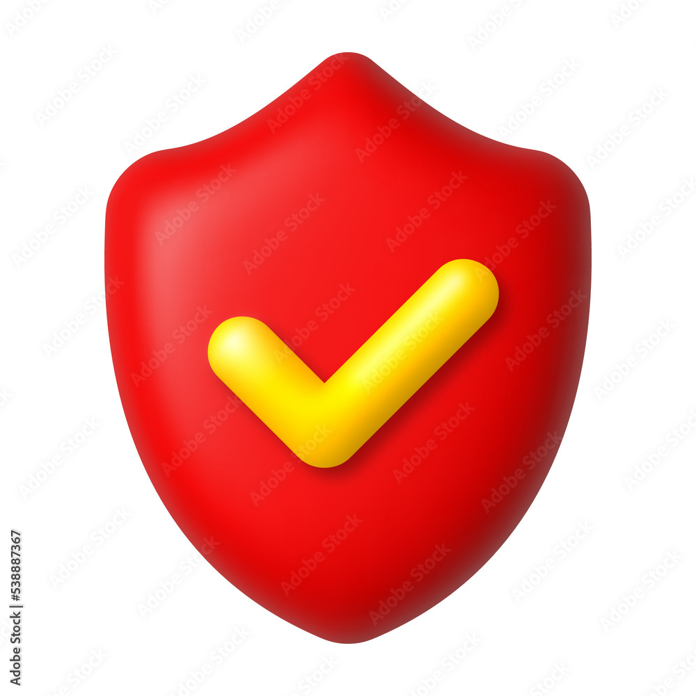 Yellow check mark on red shield 3d icon. Security and protection ...