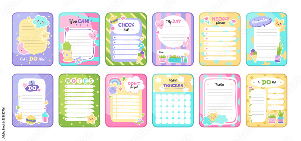 Cute daily planner cartoon set. Notepad for kid day plan, to do list ...
