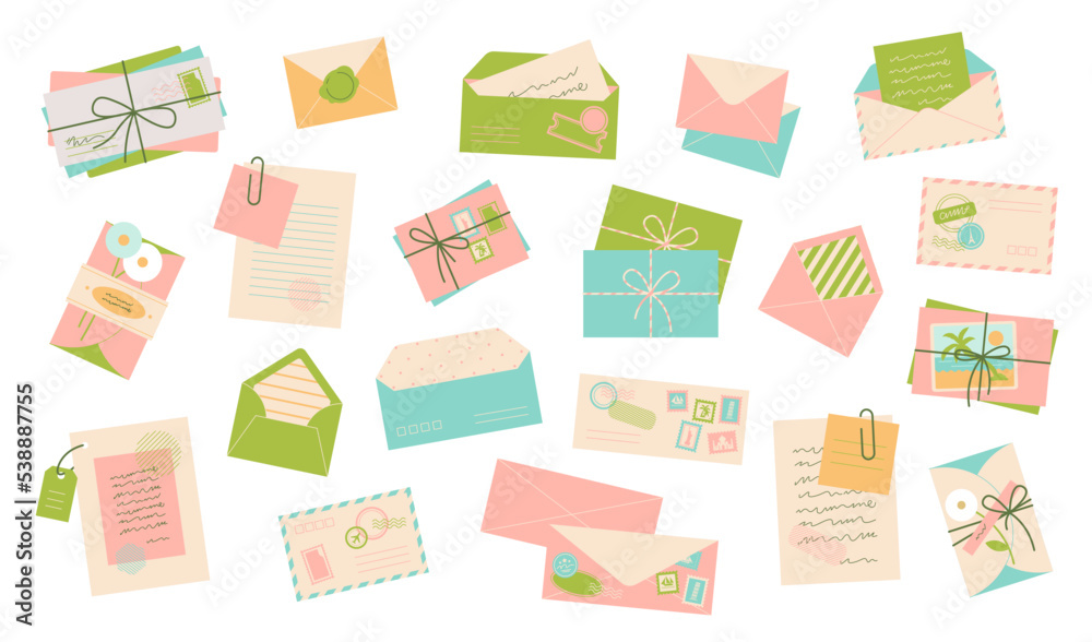 Cartoon envelopes, paper mail, postcards with stamps and postmarks ...