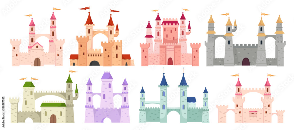Medieval castle towers set. Fairytail mansion exterior, king fortress ...