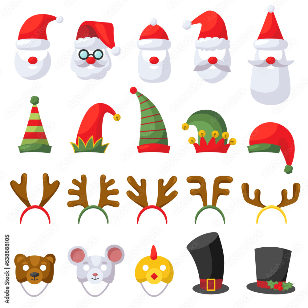 Christmas holiday hats. Santa claus red cute cap, snow reindeer and ...