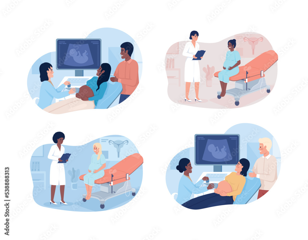 Prenatal care 2D vector isolated illustrations set. Pregnancy and birth ...