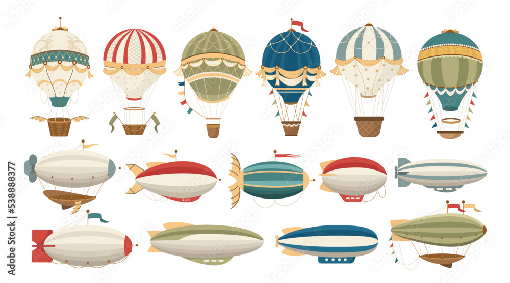 Dirigible and hot air balloons. Realistic retro aviation objects ...