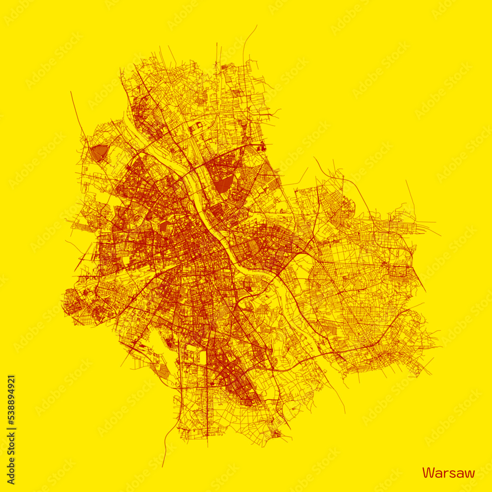 Warsaw city map with roads and streets, Poland. Vector outline ...