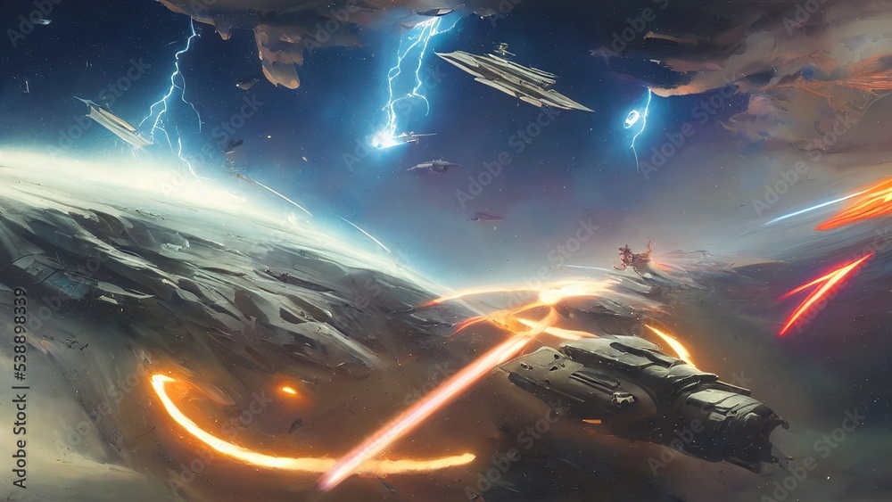 Space battle of spaceships and battle cruisers, laser shots sparks and ...