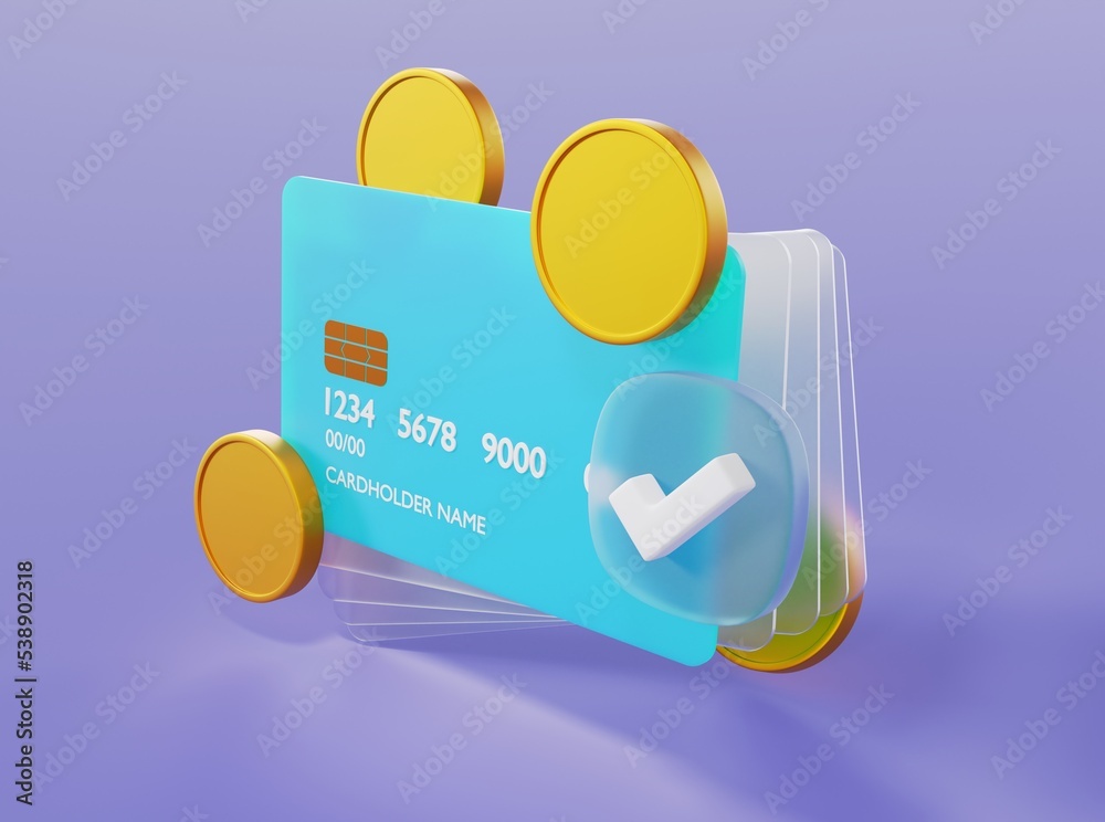 Credit card with golden coins, glass elements and check mark 3d render ...