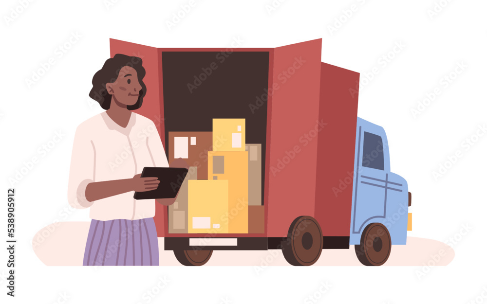Female character manager of logistics company controlling transporting ...