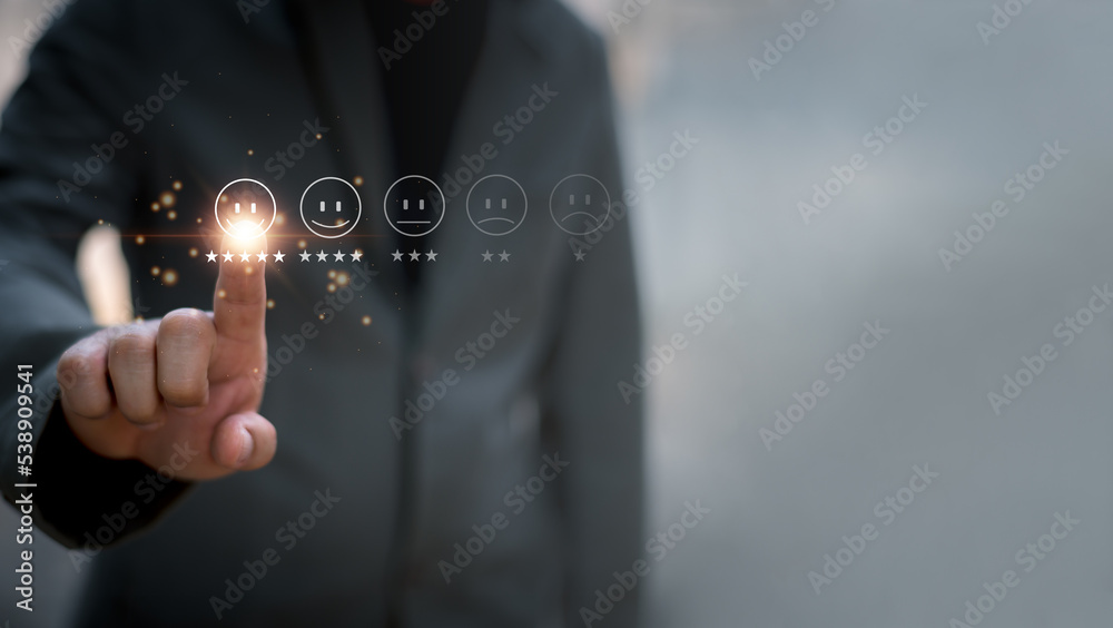 Customer service evaluation concept.Businessman pressing smiley face ...