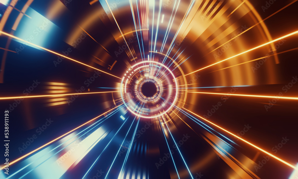 3D Rendering of abstract fast moving stripe lines with glowing sun ...