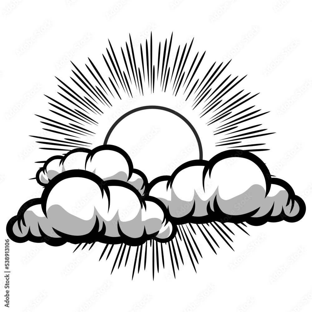 Sun with clouds in sky. Black and white comic cartoon illustration ...