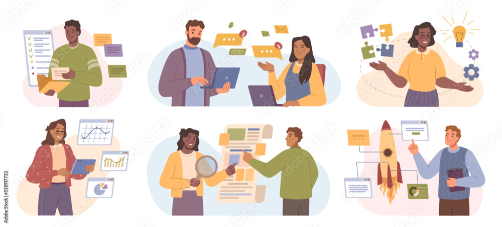 Business project developing, isolated employees working on tasks ...