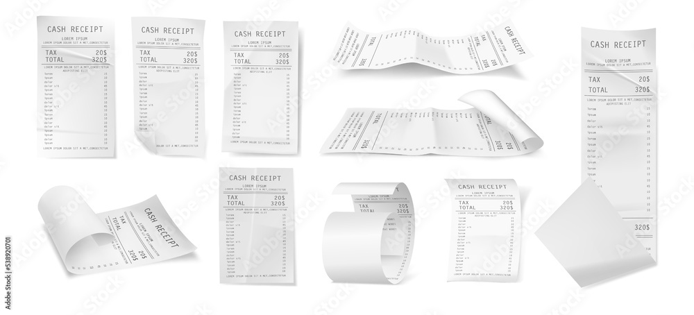 Shop receipt, cash paper bill, purchase invoice. Vector 3d isolated ...