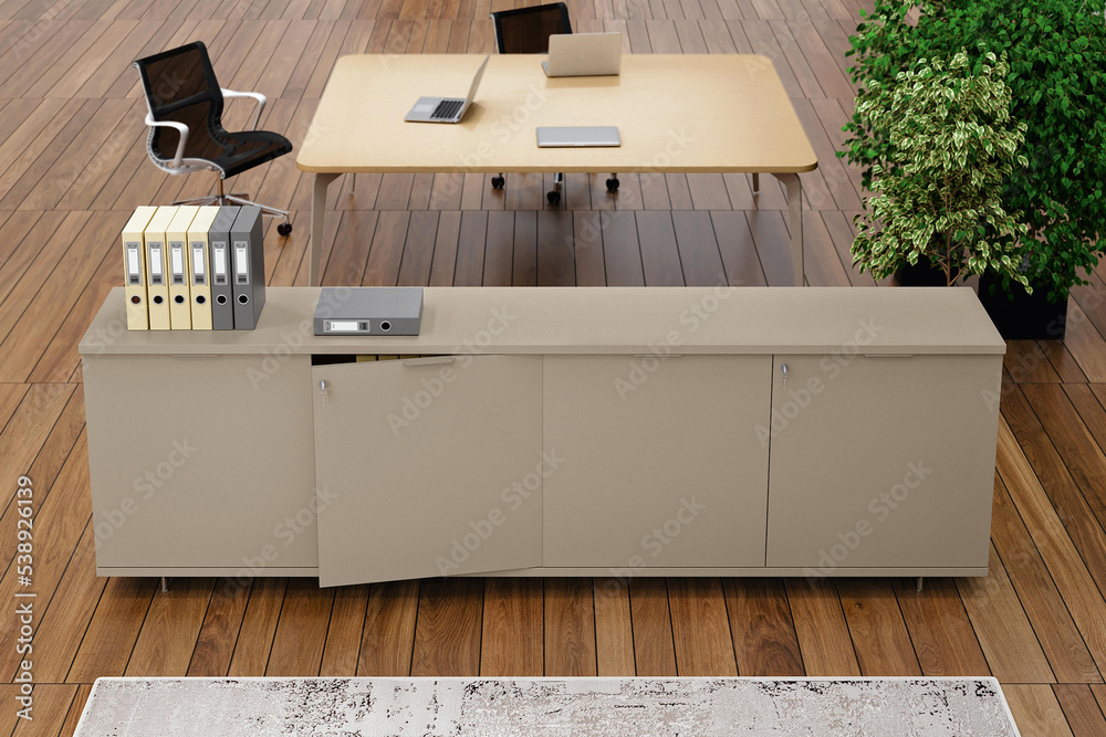 Modern office interior with wooden commode and plant. 3d rendering ...