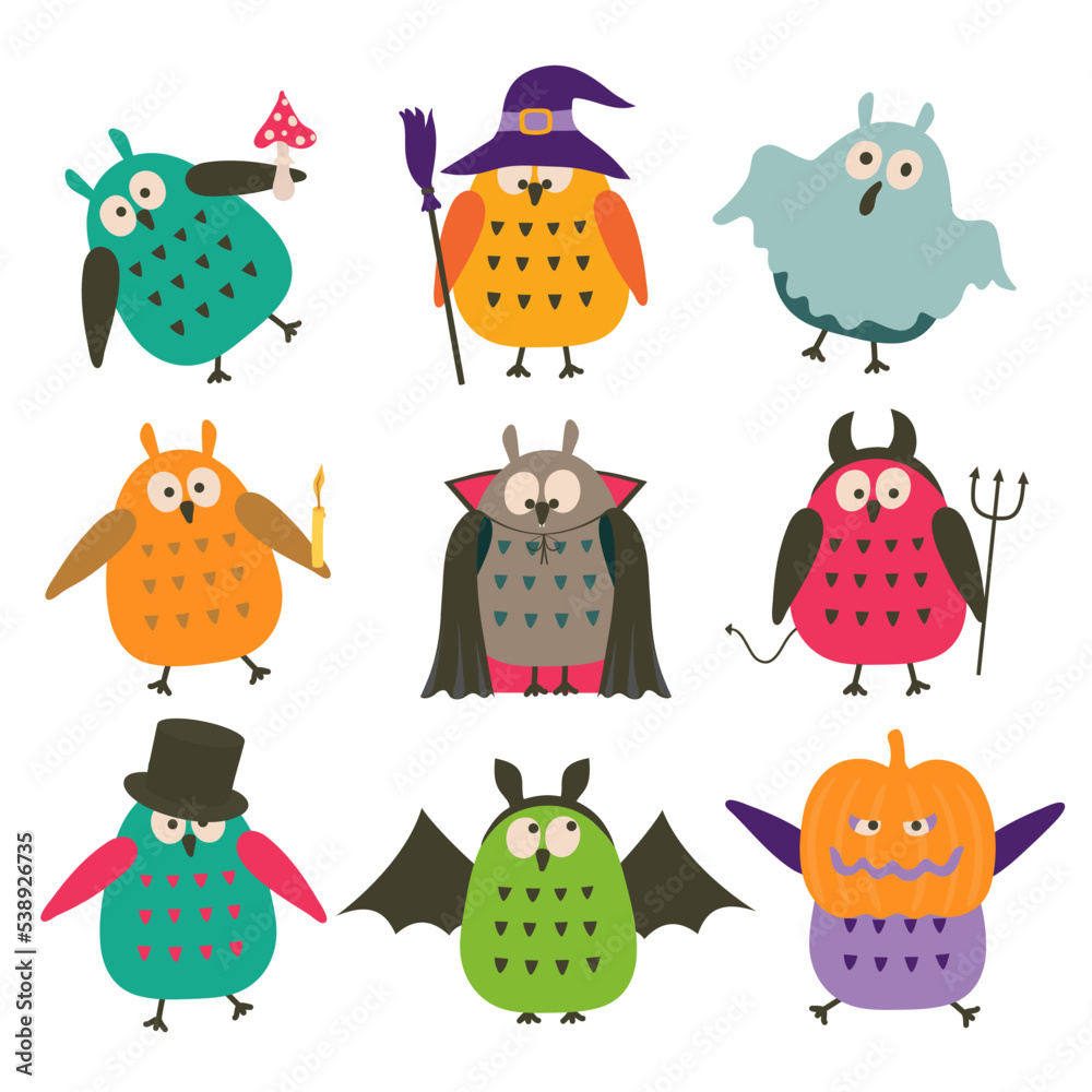 Halloween set of cute cartoon owls in costumes: witch, ghost, Dracula ...