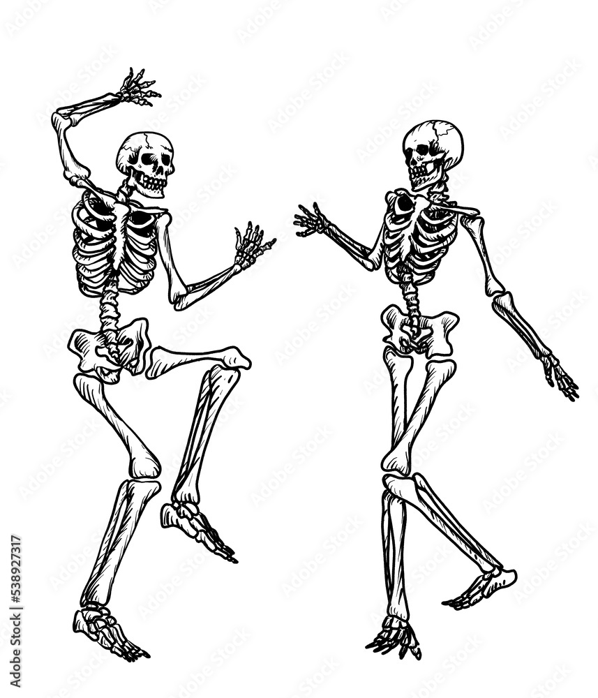 Dancing skeleton couple, man and woman comic, halloween party, art of ...