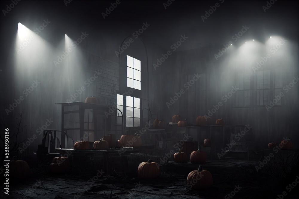 This is a 3D illustration of a factory setup for halloween horror ...
