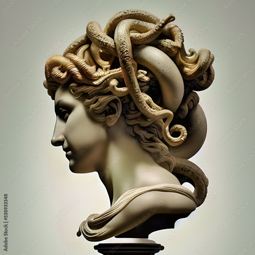 3D illustration of a white marble bust of Medusa, otherwise known as ...