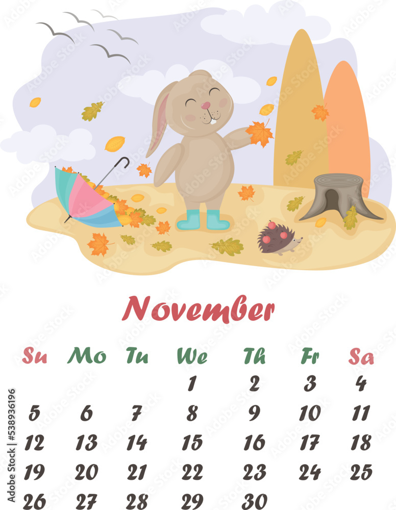 Calendar November. Cute rabbit. Autumn illustration with cartoon rabbit ...