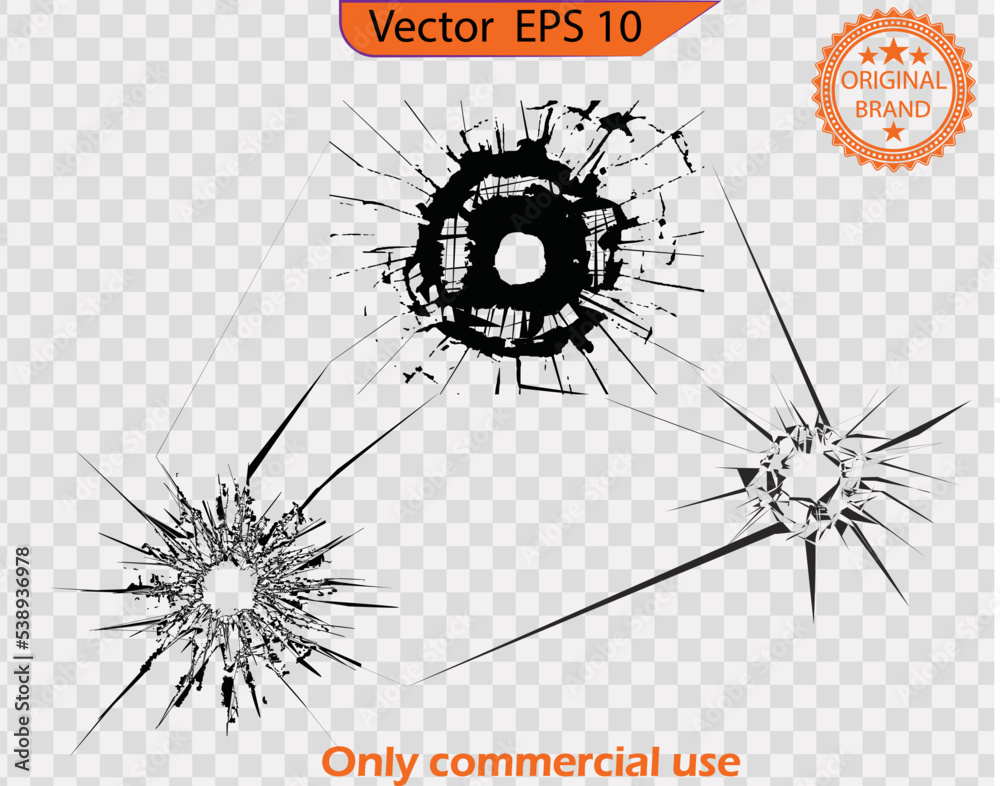 Set of broken glass, cracks, bullet marks on glass. High resolution ...