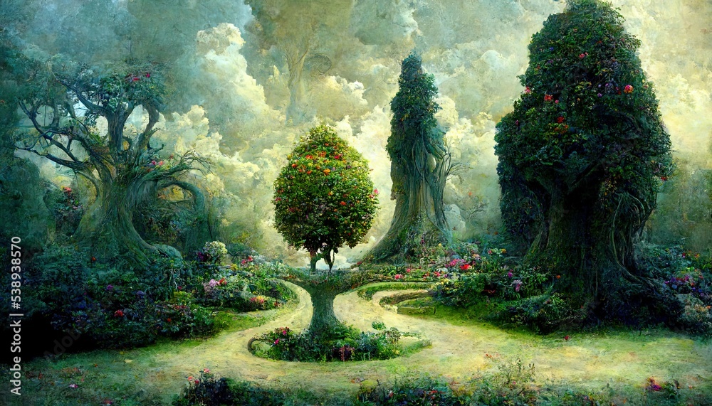 Garden of eden with the tree of life, tree of knoledge, beautiful ...