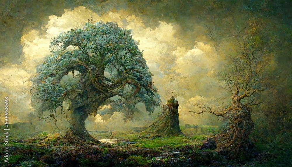 Garden of eden with the tree of life, tree of knoledge, beautiful illustration Stock ...