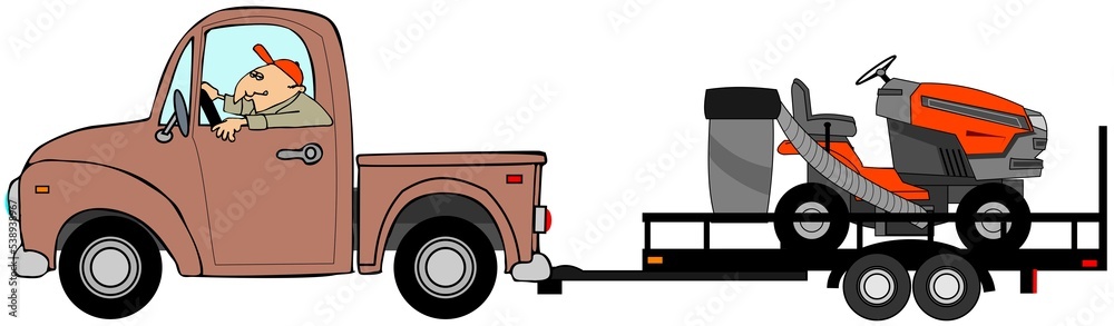 Truck pulling a riding mower on a flatbed trailer Stock Illustration ...