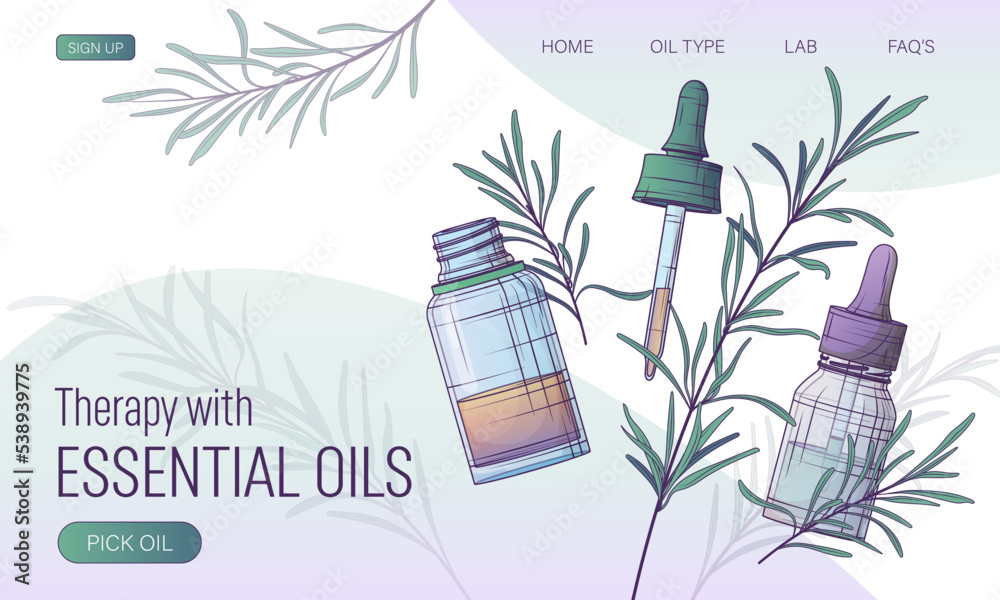 Vector website background for essential oil. Rosemary oil. Glass bottle ...