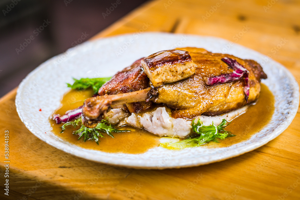 Canard du Ciel Braised duck leg, duck breast, seared four gras, pommes ...