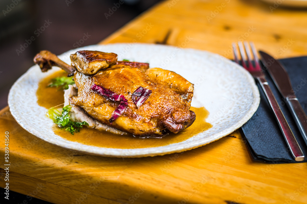 Canard du Ciel Braised duck leg, duck breast, seared four gras, pommes ...