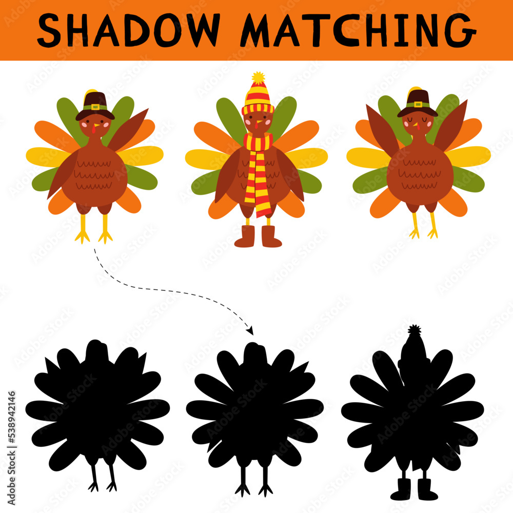 Cute pilgrim turkey shadow matching activity for children. Bird animal ...
