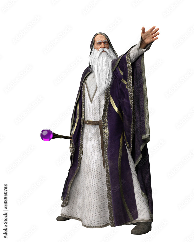 3D illustration of an old bearded wizard in purple costume isolated on ...
