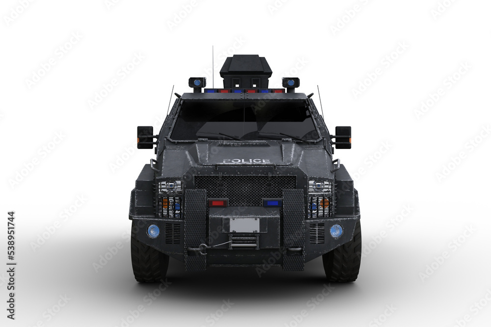 Front view 3D rendering of an armoured police SWAT vehicle isolated on ...