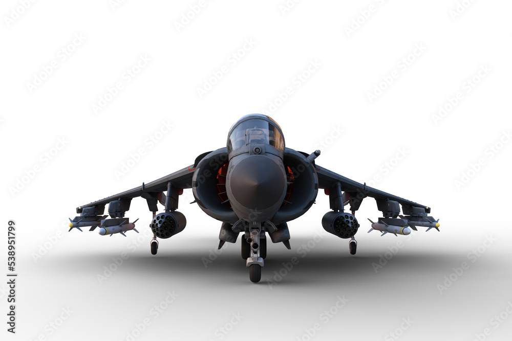 Front view 3D illustration of a grey jet fighter aircraft armed with ...