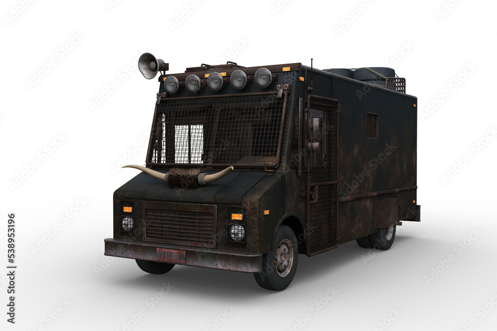 3D rendering of a post apocalyptic step van isolated on a transparent ...