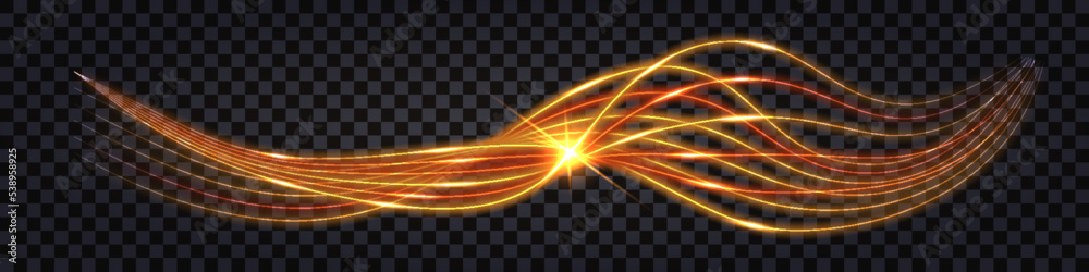 Fiber optic lines, gold glowing swirl wave, fiery light effect ...